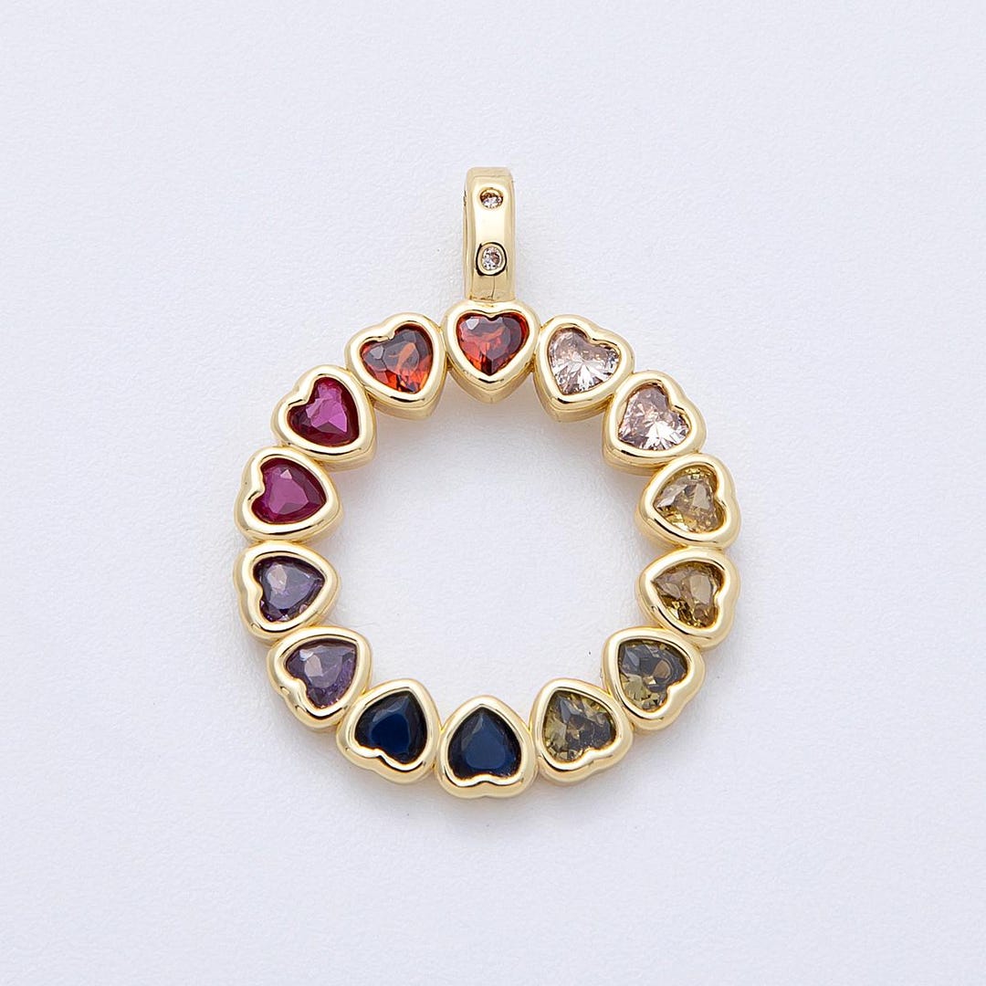 16k Gold Filled 26mm Colorful Rainbow Heart CZ Circle Pendant Vibrant ...