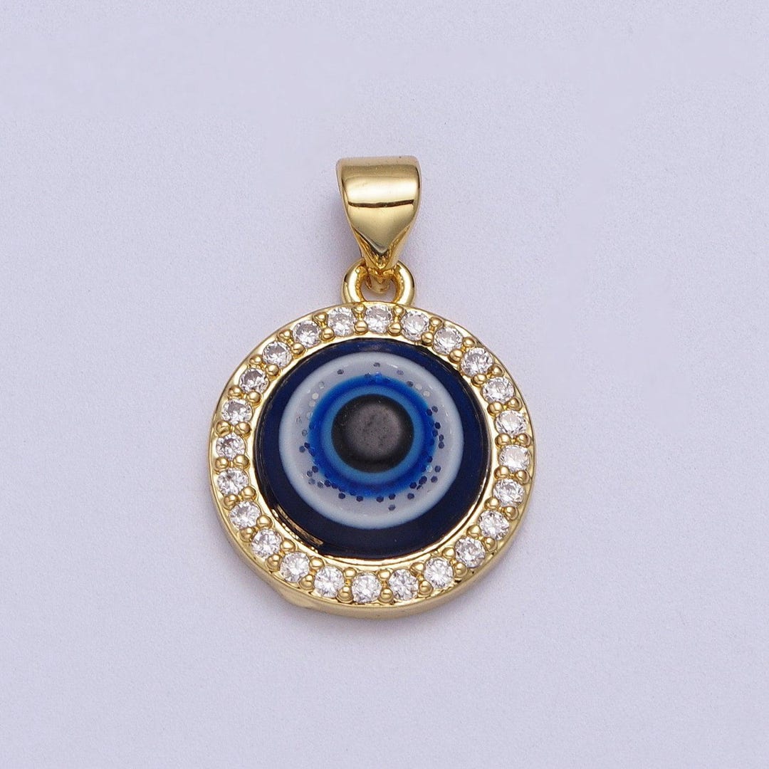 24k Gold Filled Dark Evil Eye Protection Micro Paved Cz Round Amulet ...