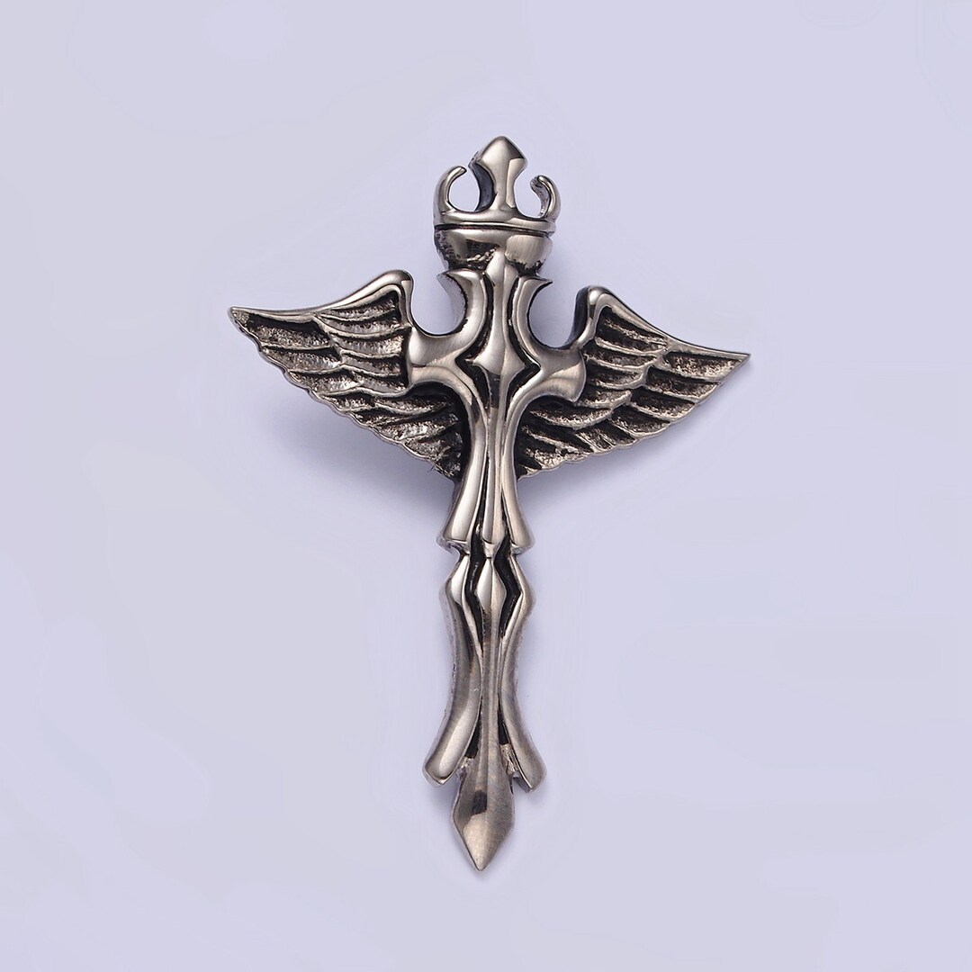 Stainless Steel 46.5mm Artisan Fleury Cross Crown Feather Wings Pendant ...