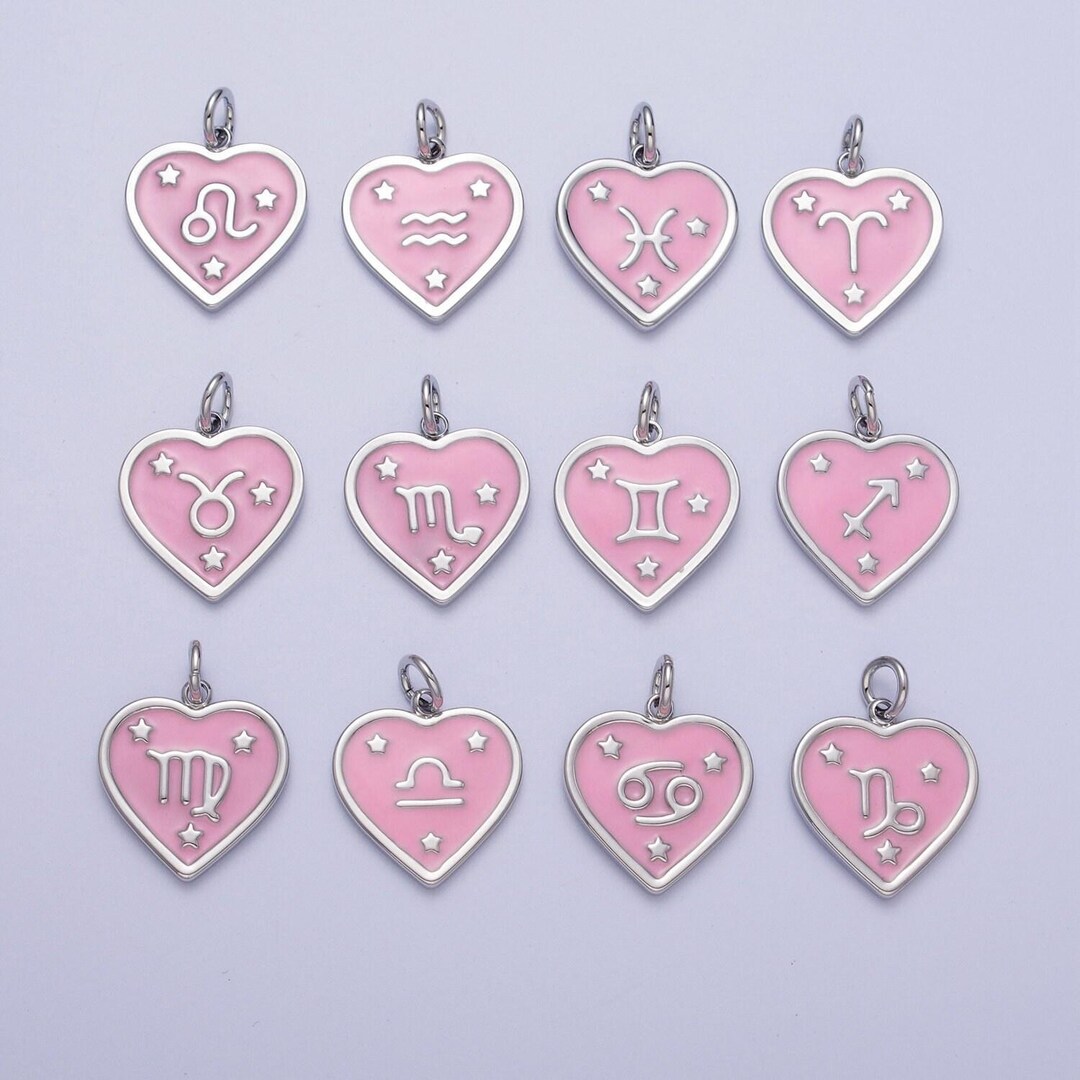Baby Pink Enamel Stars Heart-shaped Zodiac Charms, Astrological Zodiac ...