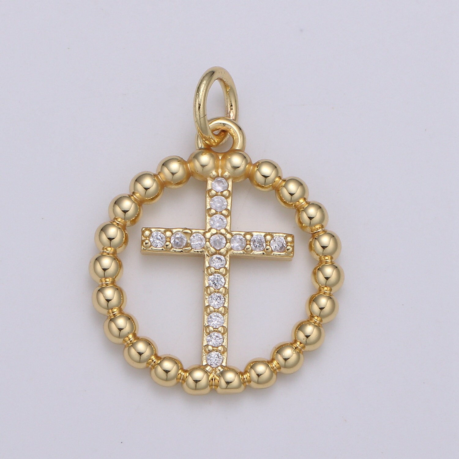 Gold Ball Chain Round Charm Micro Pave Cz Circle Cross | Etsy