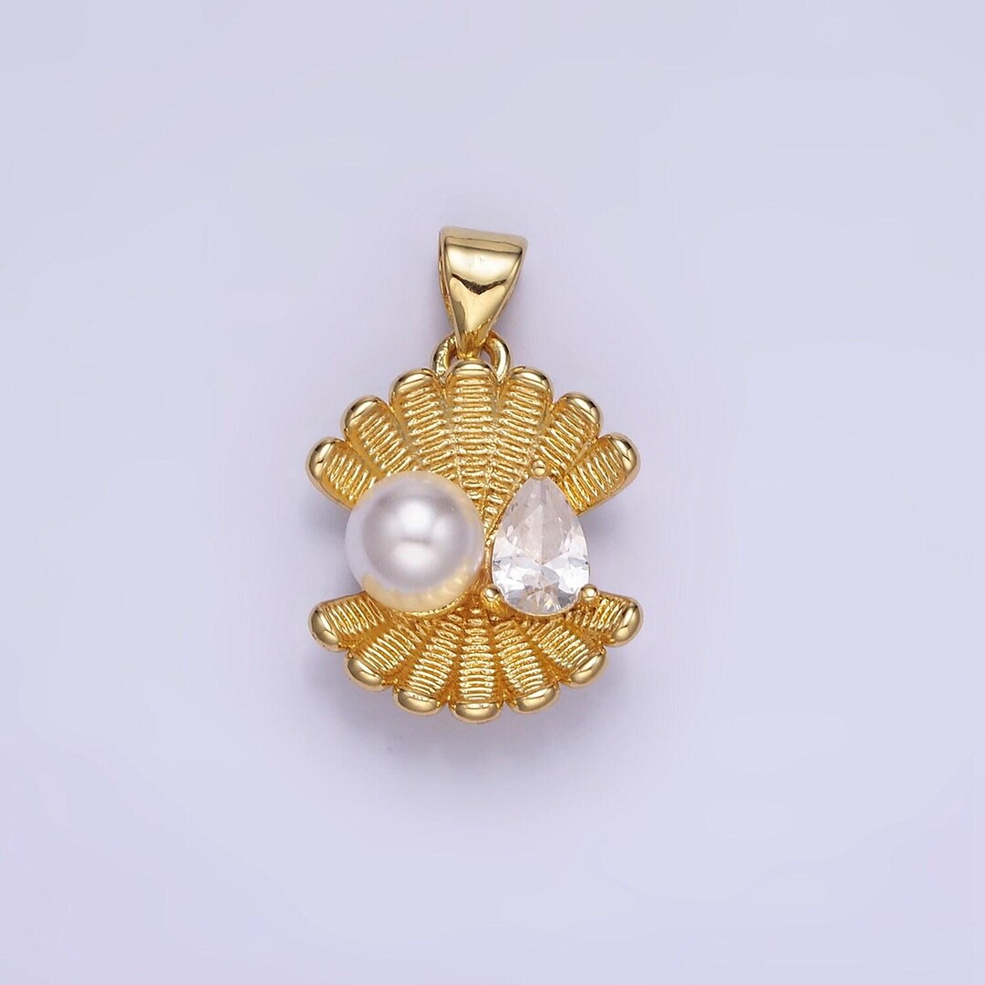 14k Gold Filled 14mm Sea Shell Line-textured Add-on Charm With Faux ...