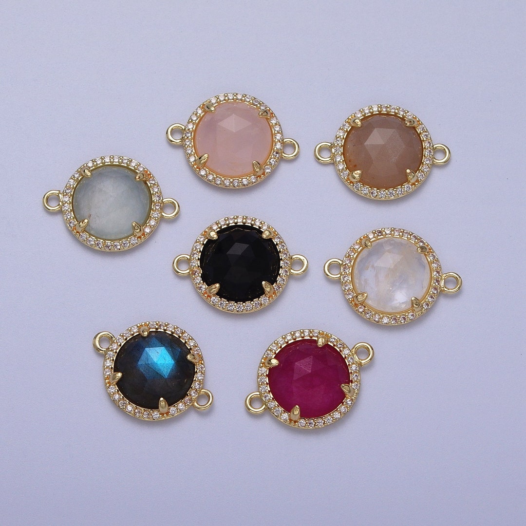 Micro Paved Multifaceted Natural Stone Round Charm Connector Double ...