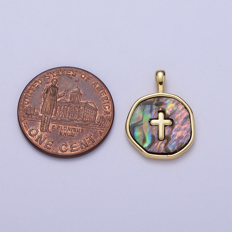 14K Gold Filled Cross Shell Pearl Abalone Round Charm Pendant - Etsy