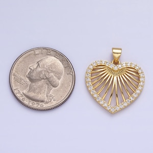Gold Radiant Heart Pendant, 24K Gold Filled CZ Sunburst Love Heart Token Charm W. Micro Pave CZ ...