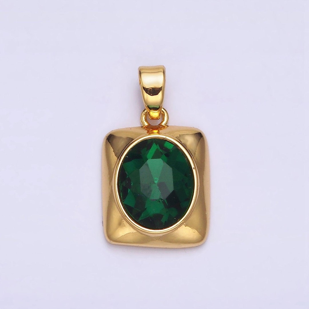 24k Gold Filled Green Oval Cz Multifaceted Square Pendant | Aa581 - Etsy