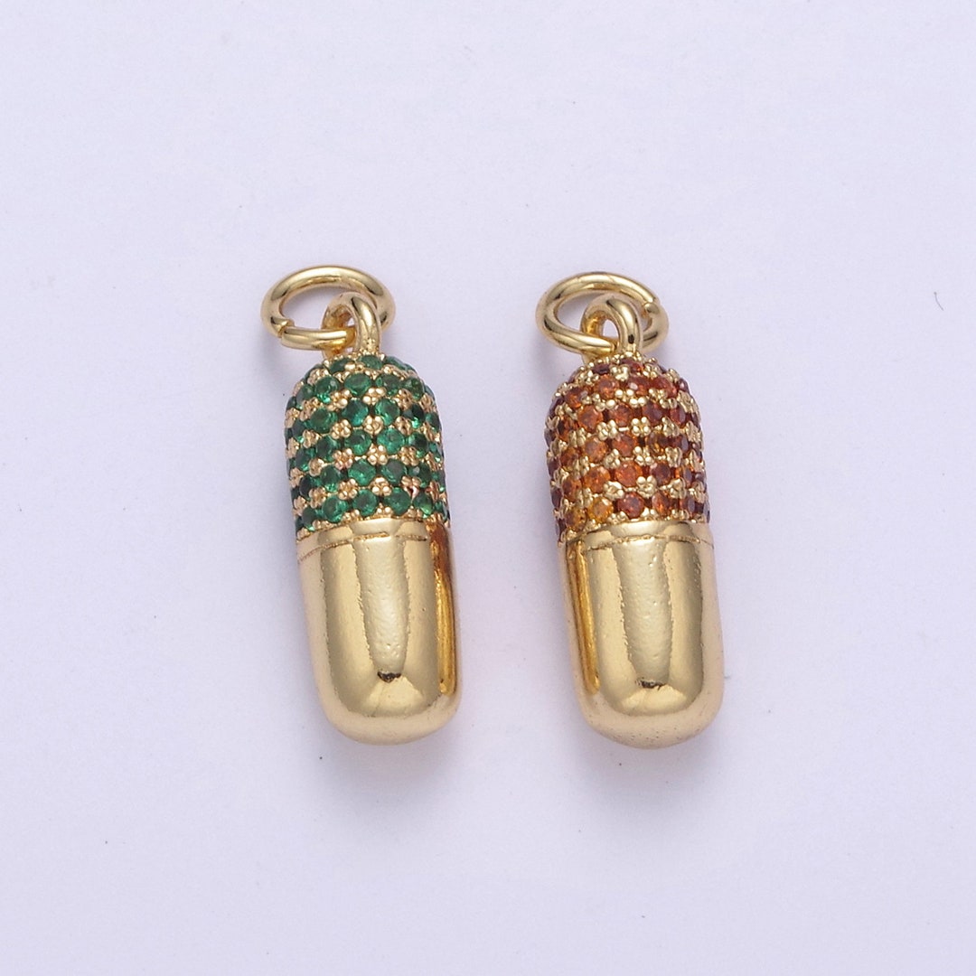 Green Pink CZ Micro Pave Pill Shape Pendant 14K Gold Filled Pill Charm ...