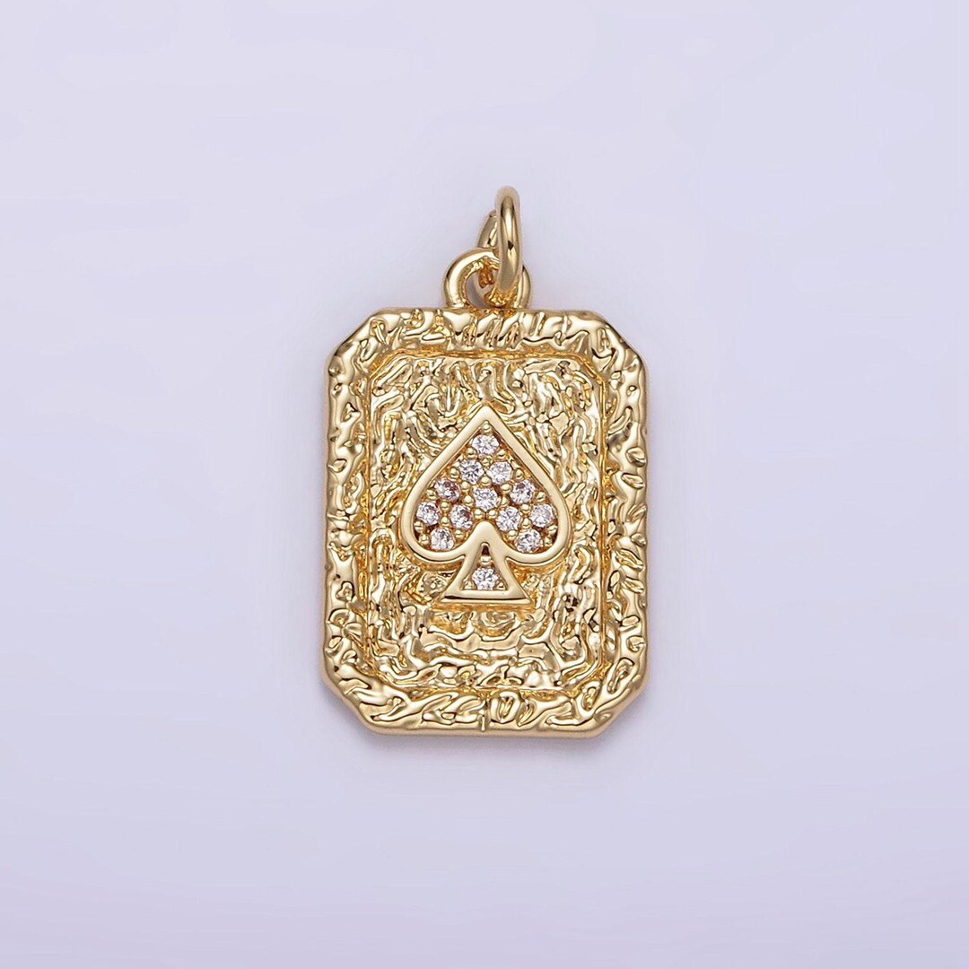 14k Gold Filled Spades Card Micro Paved Cz Rustic Rectangular Tag Charm ...