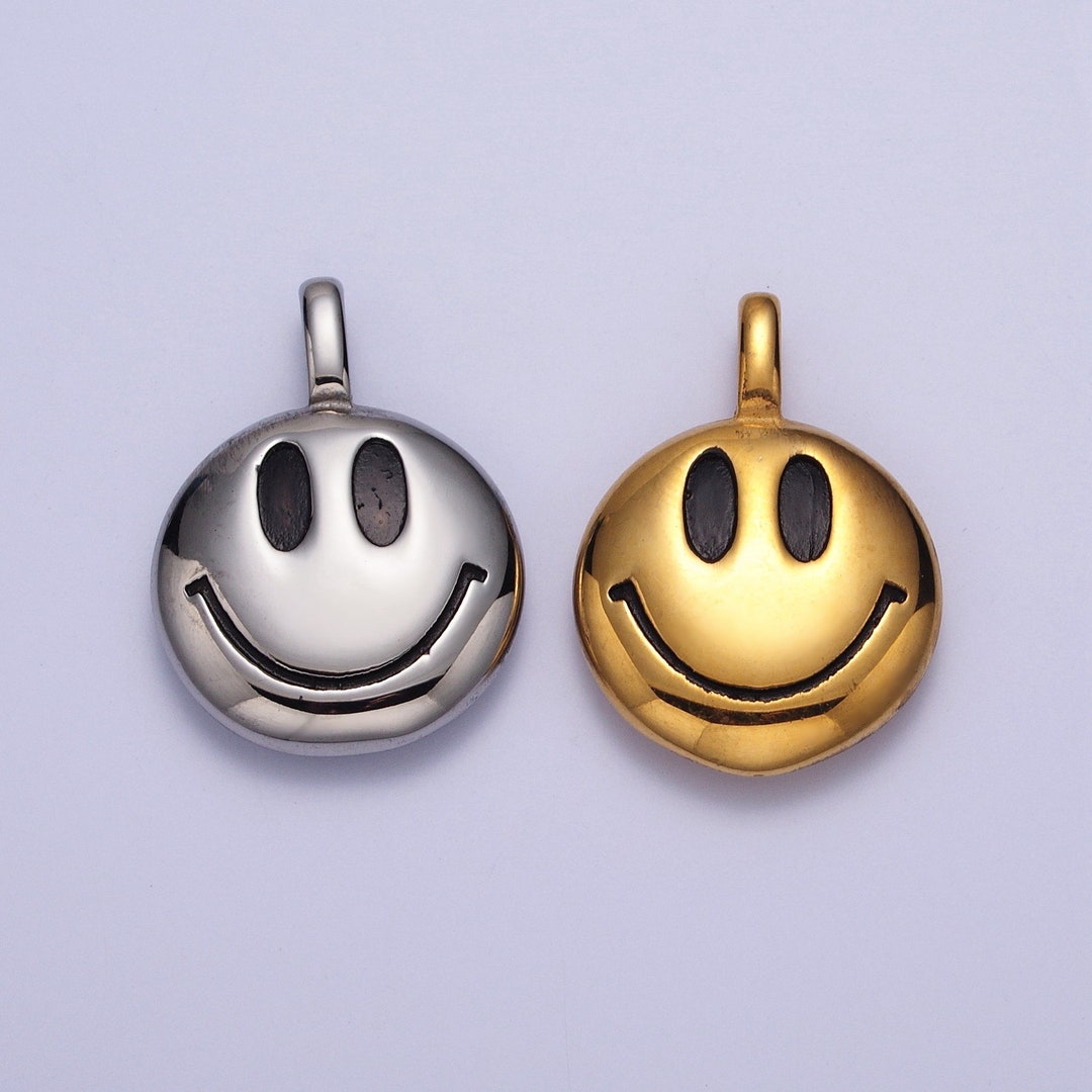 Round Emoticon Face Stainless Steel Charm Pendant in Gold & Silver ...
