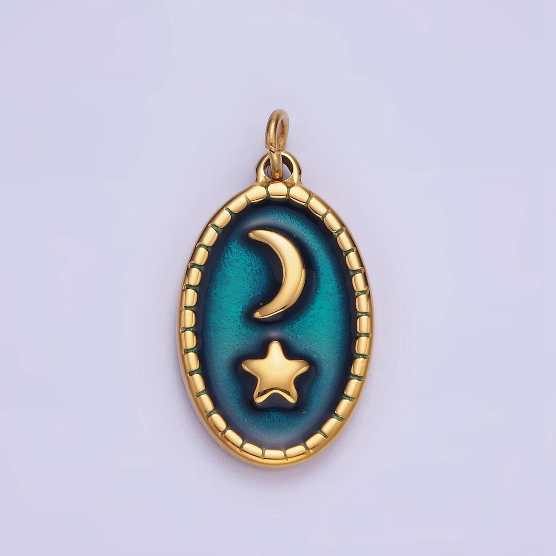 Stainless Steel Gold Celestial Pendant, Star Moon Medallion, Crescent ...