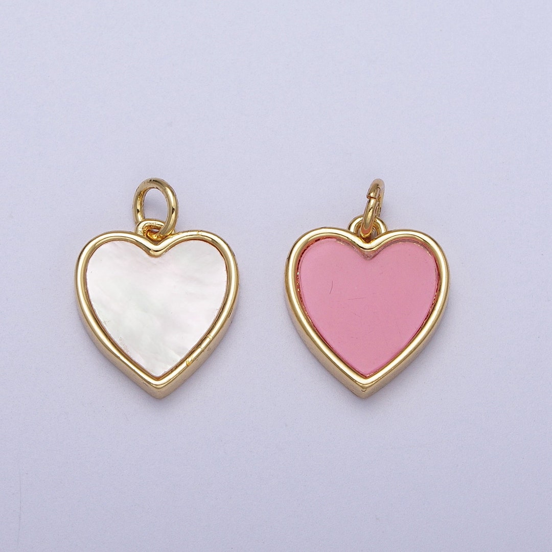 24K Gold Filled Pink Heart Pendant, White Shell Pearl Heart Charm ...