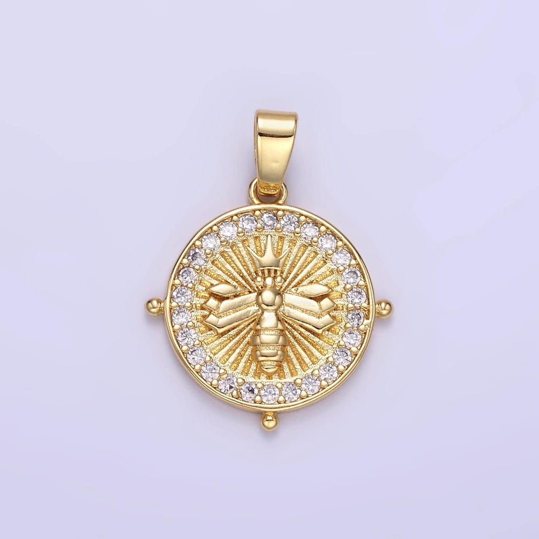 Gold Bee Charm Fly Cz Charm Pendant Circle Charm, Round Disc, Gold Coin ...