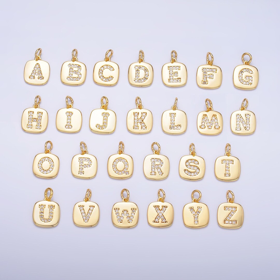 24k Gold Filled Tag Square Cz Clear Micro Paved Initial Alphabet Dainty ...