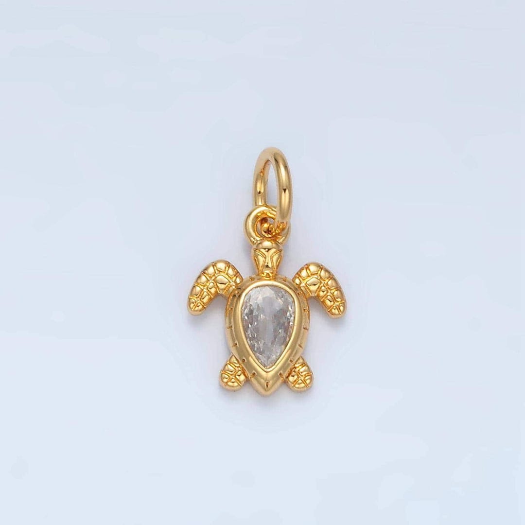 14k Gold Filled Textured Turtle, Clear Cz Paved Teardrop Charm | Ag-887 ...
