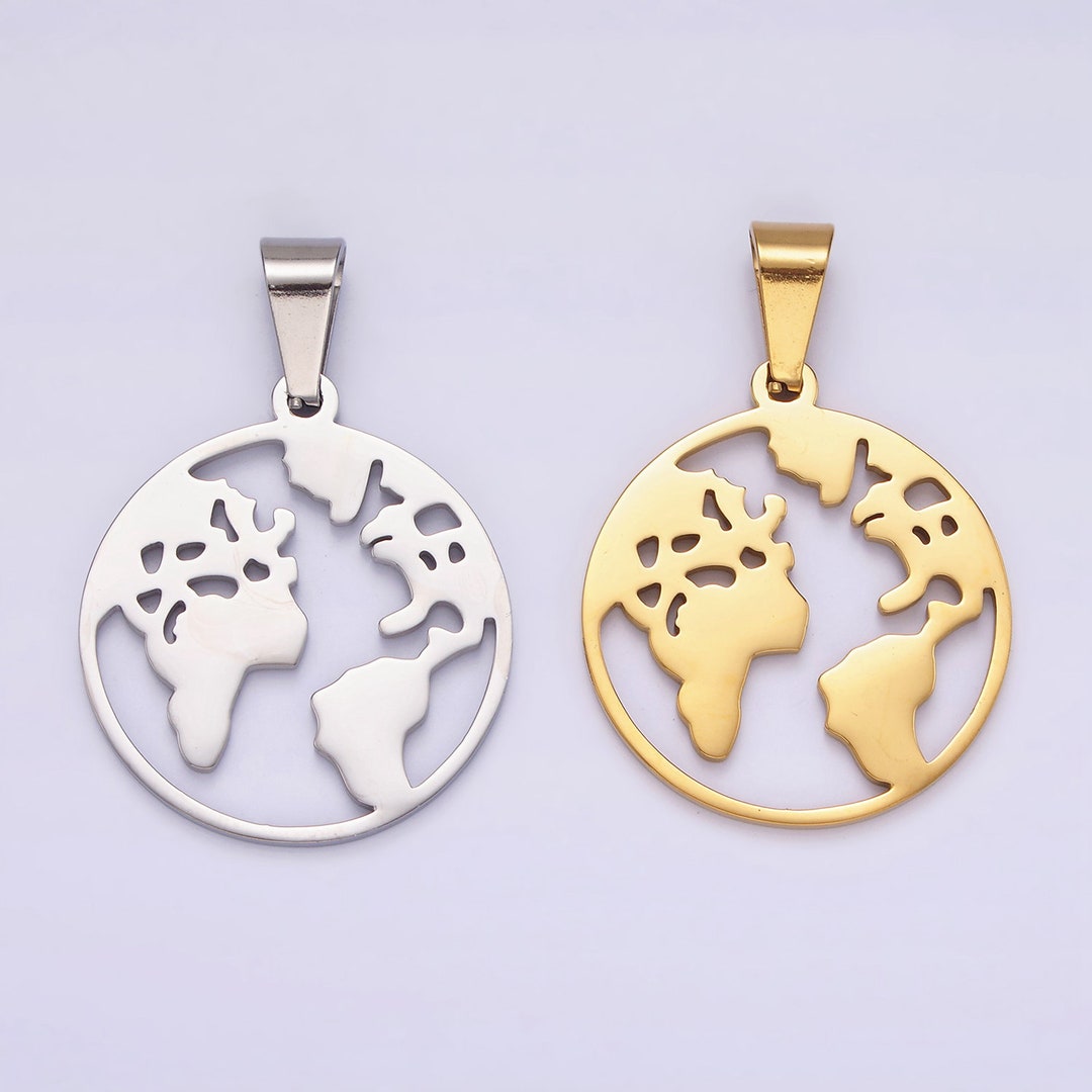 Gold Stainless Steel EARTH Pendants World Charm Globe Global Drop ...