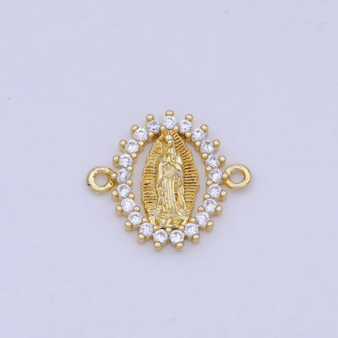 Gold Oval Virgin Mary Charm Connector, 24k Gold Filled Clear Micro Pave ...