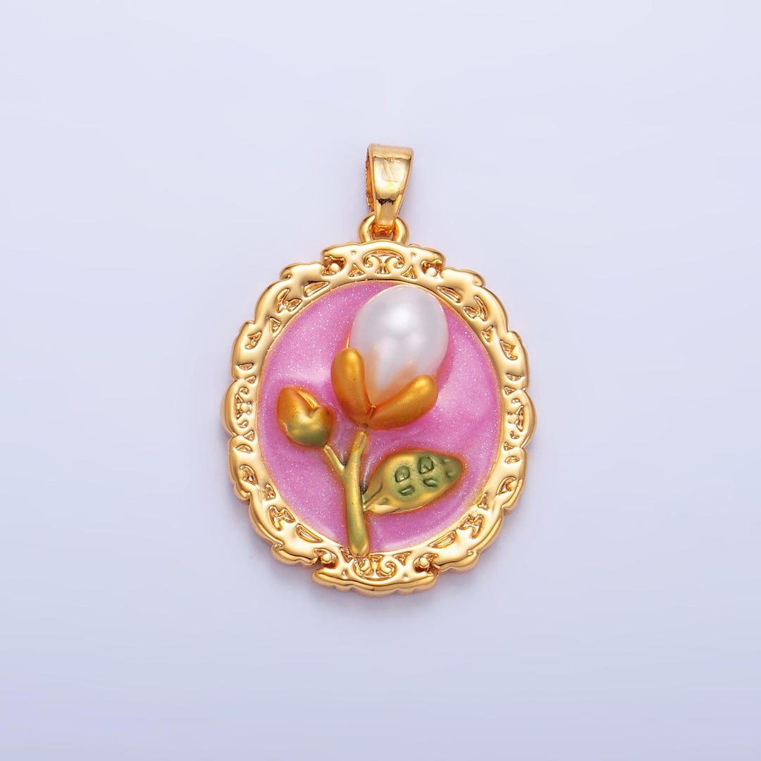 Dainty Gold Tulip Charms White Pearl Enamel Flower Charm Abstract Oval ...