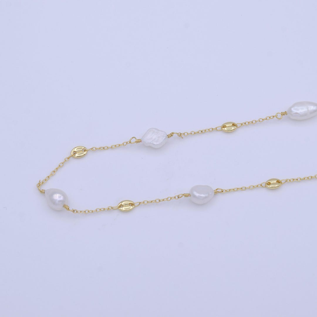 1 Yard Pearl Gold Chain Round Cultured Pearl Chain Wholesale, Natural ...