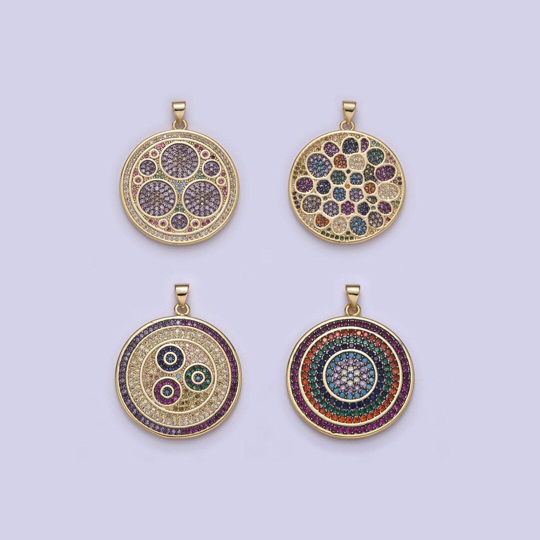 Multicolor Diamond Disc Pendant, Round Disc Charm Micro Pave Medallion ...