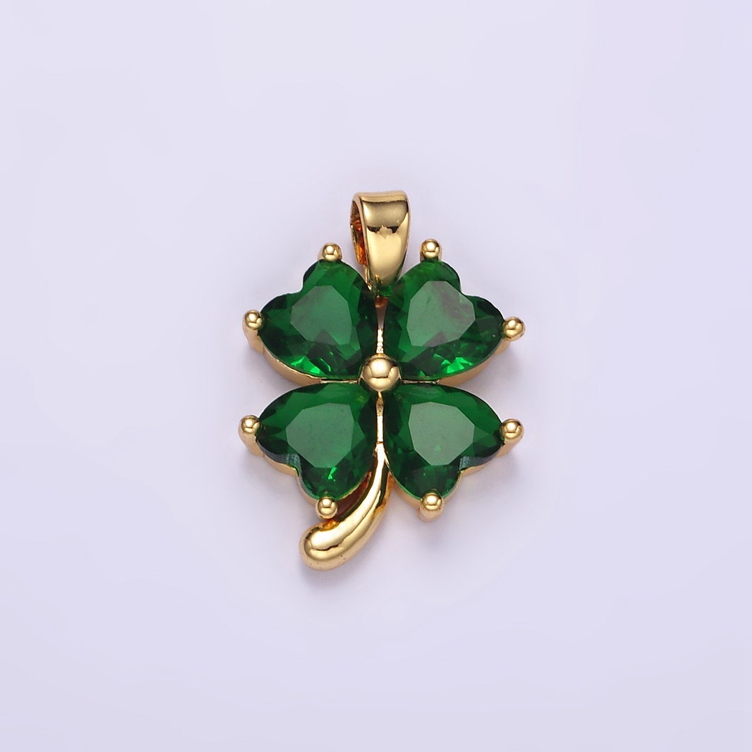 Gold CZ Dark Green Four-leaf Clover Pendant, 14K Gold Filled Clover ...