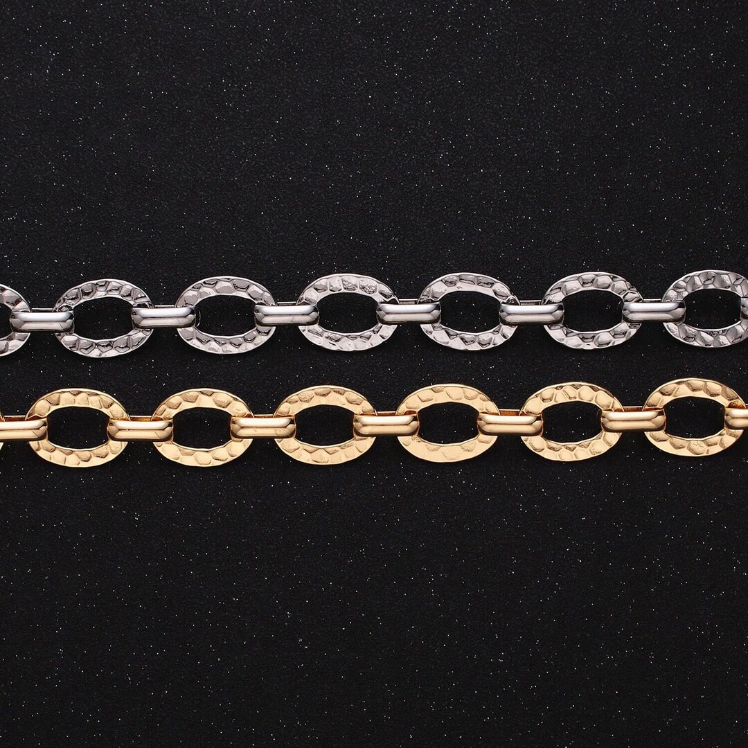 Chunky 16k Gold Filled Hammered Oval Cable Chain Chain, Silver Unique ...