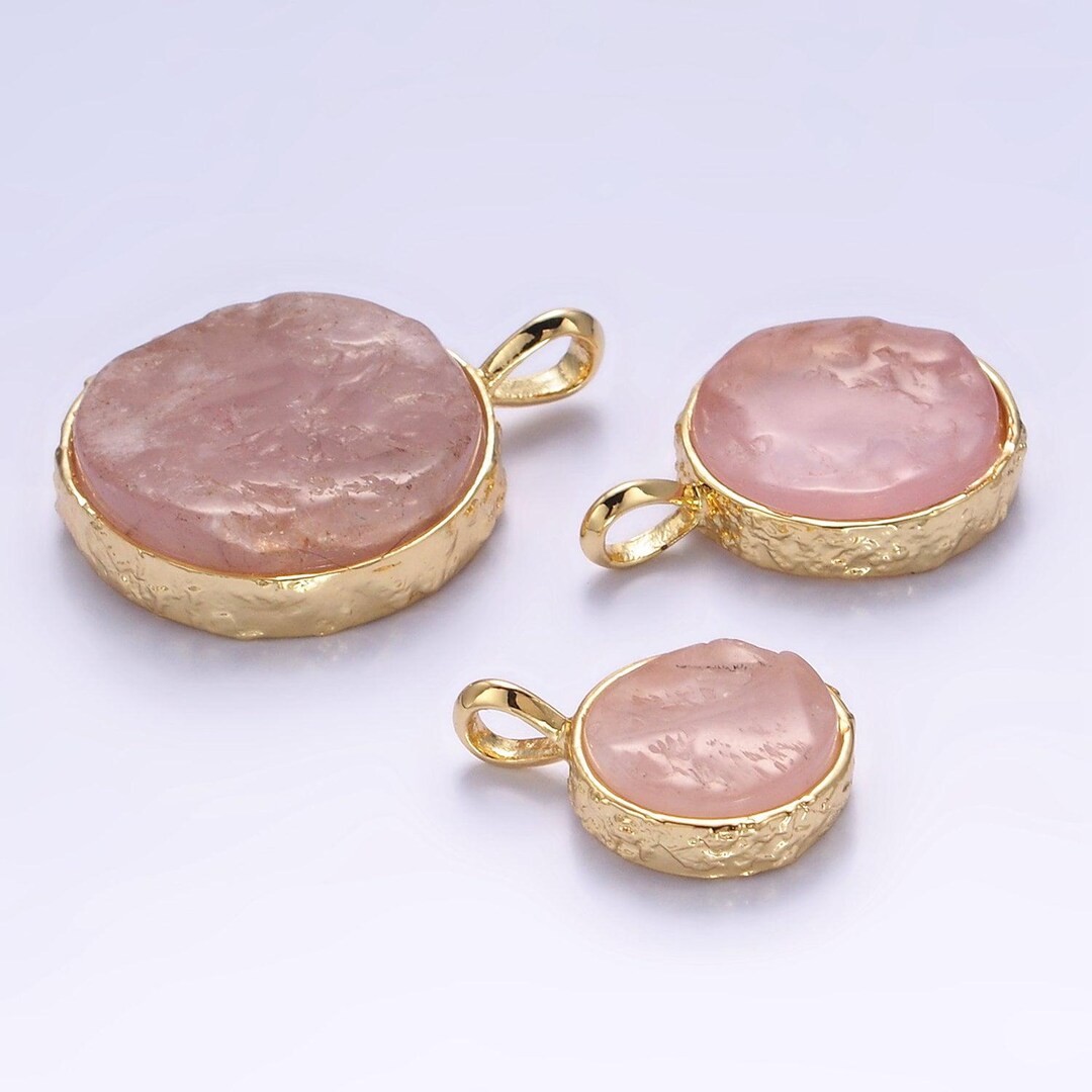 24k Gold Filled Rose Quartz Round Coin Freeform Gemstone With Hammered ...