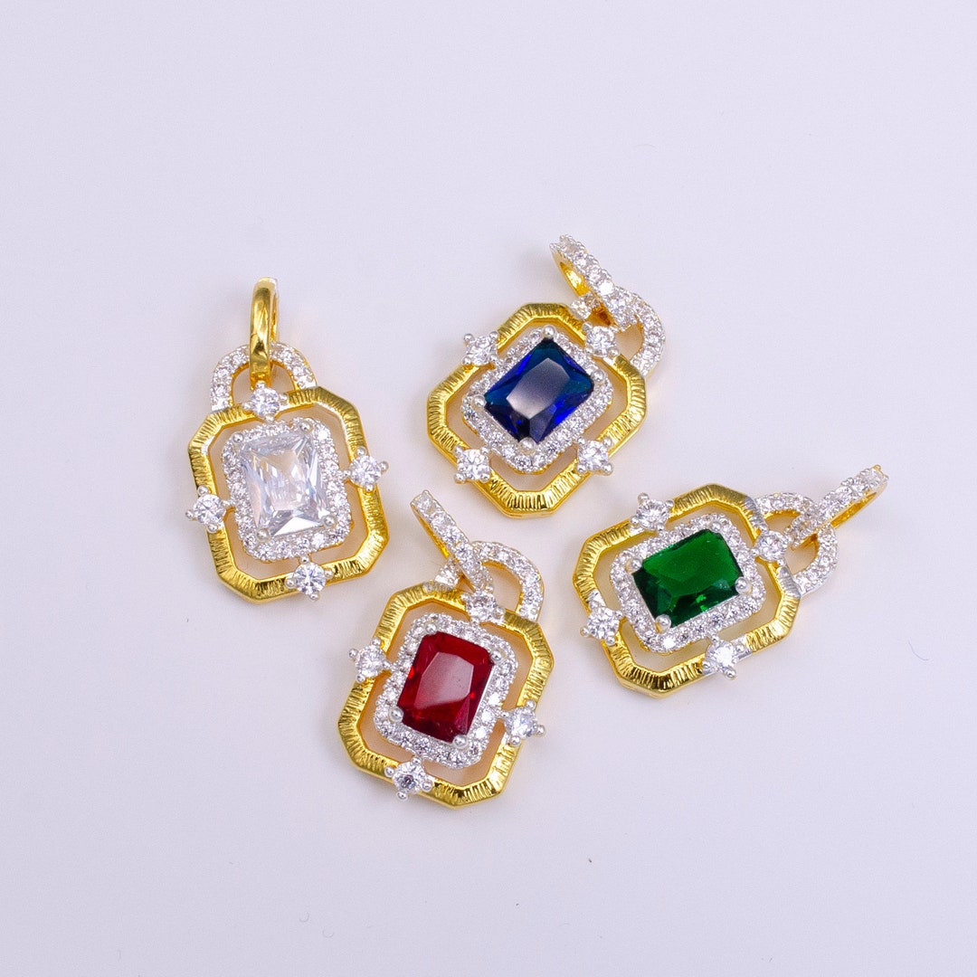 Elegant Gold CZ Crystals Square Pendant, 24K Gold Filled Red/clear ...