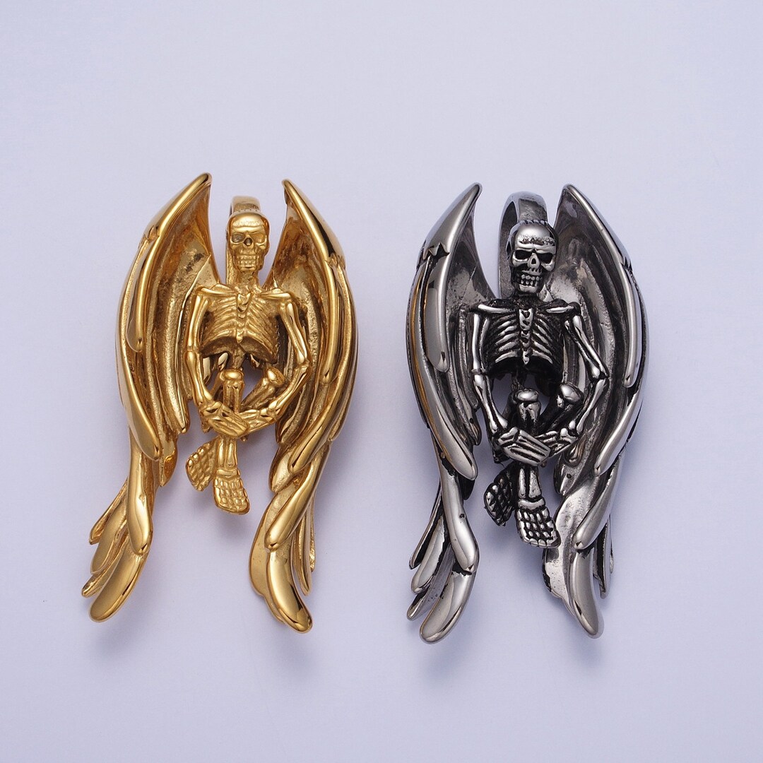 3d Gothic Skull Skeleton Angel Wing Pendant Necklace for Man Gold ...