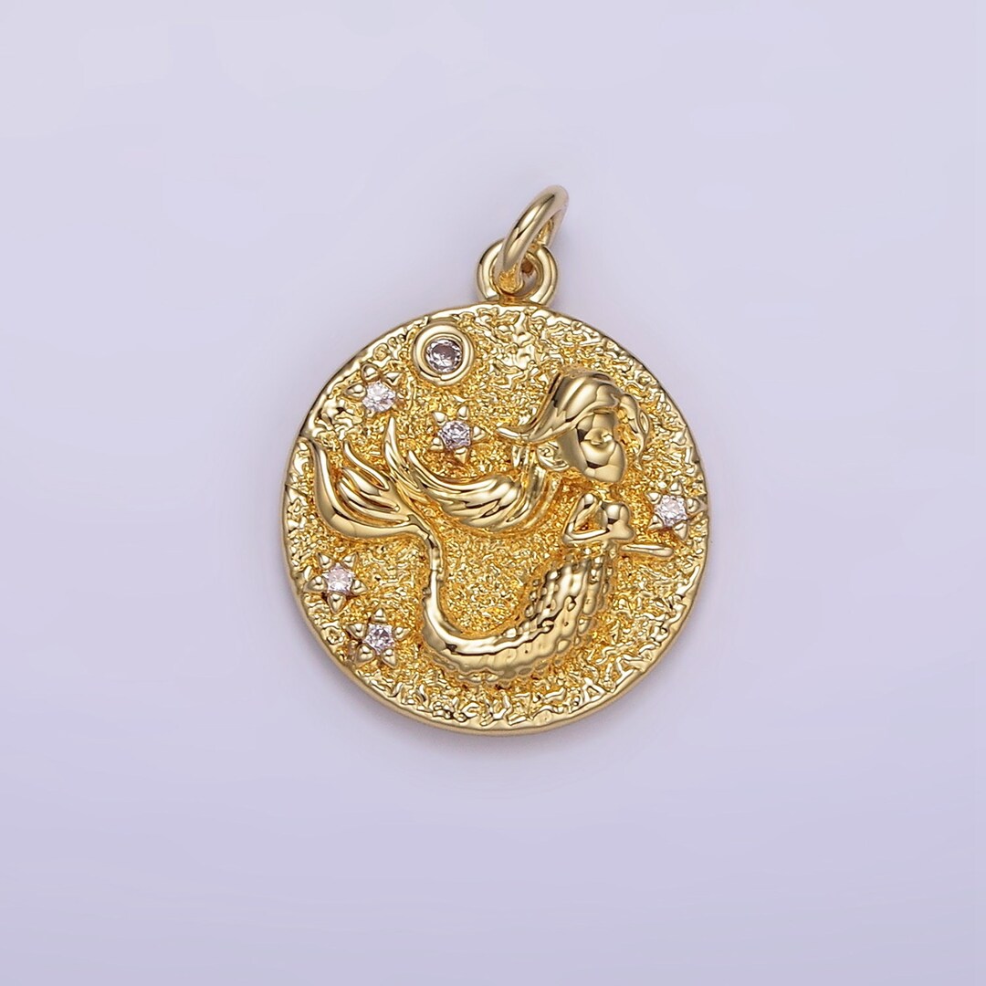 14K Gold Filled Round Medallion Mermaid Under the Sea CZ - Etsy