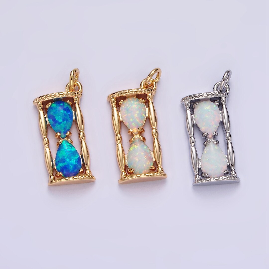 14K Gold Filled White, Blue Opal Hourglass Time Clock Charm in Silver ...