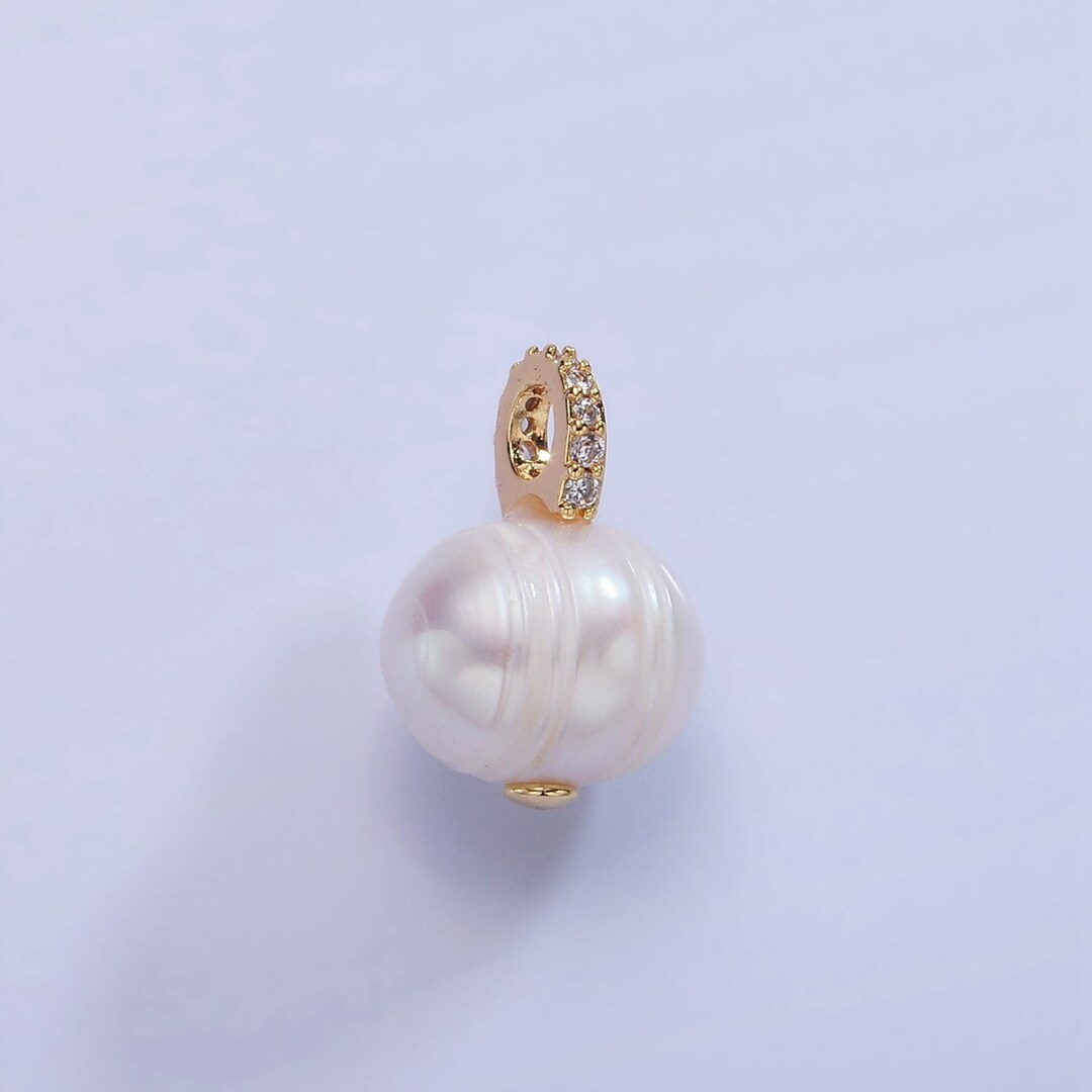14K Gold Filled 9.4mm White Freshwater Pearl Button Drop Micro Paved CZ ...