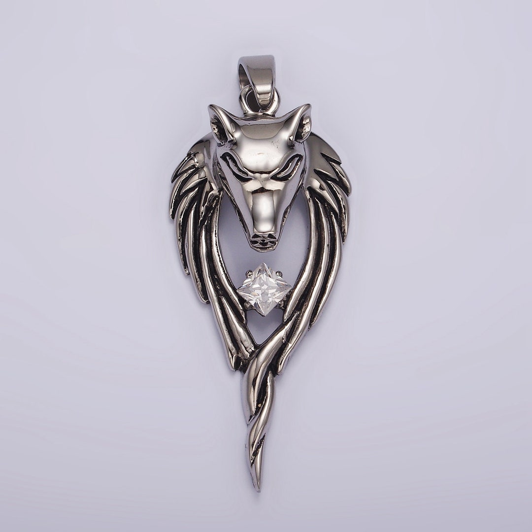 Stainless Steel Wolf Head Wings Open Clear CZ Rhombus Pendant | P873 - Etsy