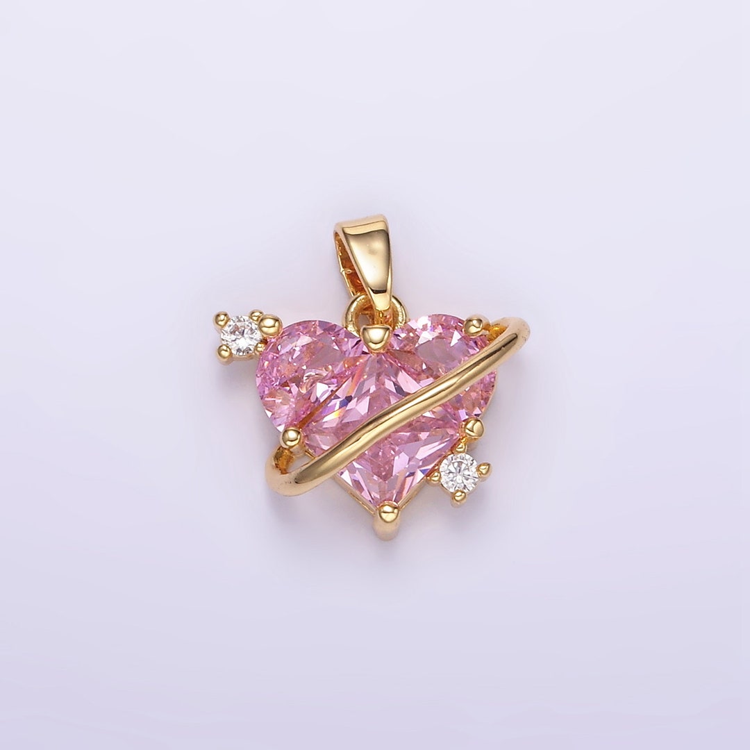 14K Gold Filled Mini Pink Heart CZ Stone Pendant, Add on Heart Charm ...