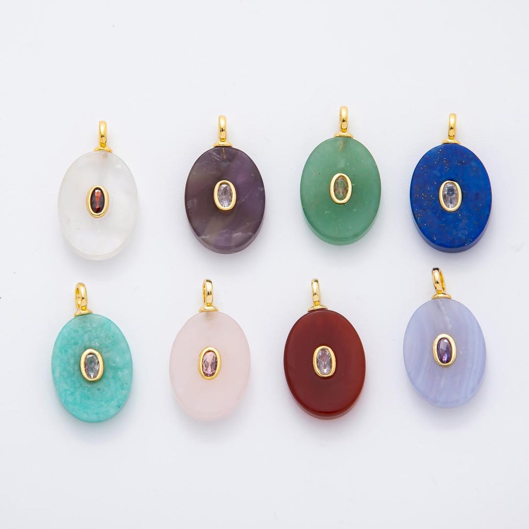18K Gold Filled Natural Stone Pendant Oval Gemstone Charm Bracelet ...