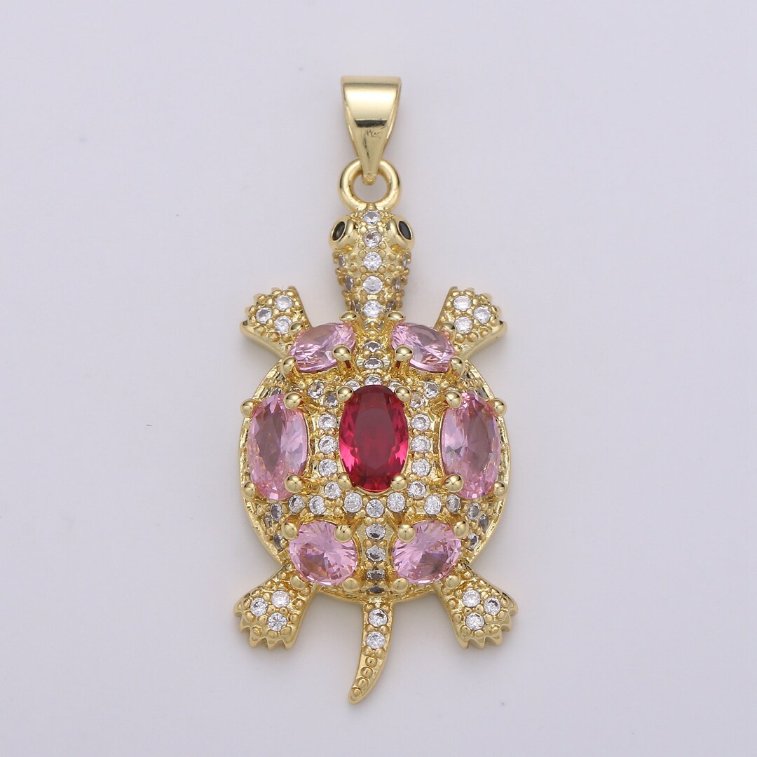 Red Tortoise Gold Micro Pave Charm, Cubic Zirconia Turtle Pendant Charm ...