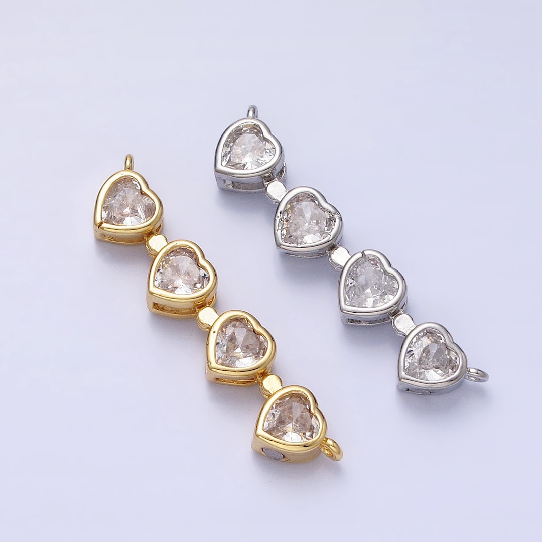 Bendable Gold Plated Heart Long Bar Connector, CZ Micro Pave Silver ...