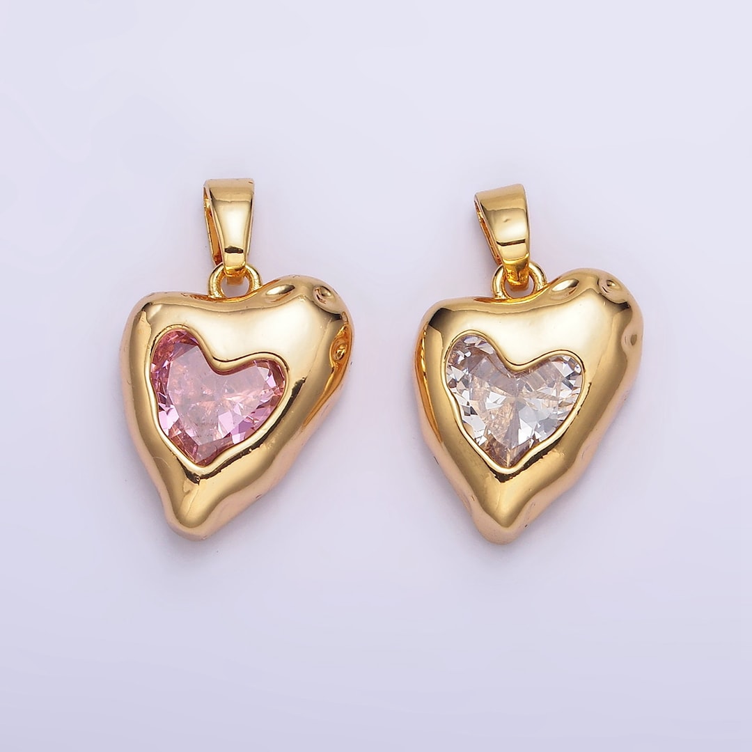 24K Gold Filled Clear, Pink CZ Molten Heart Pendant AA592 AA593 - Etsy