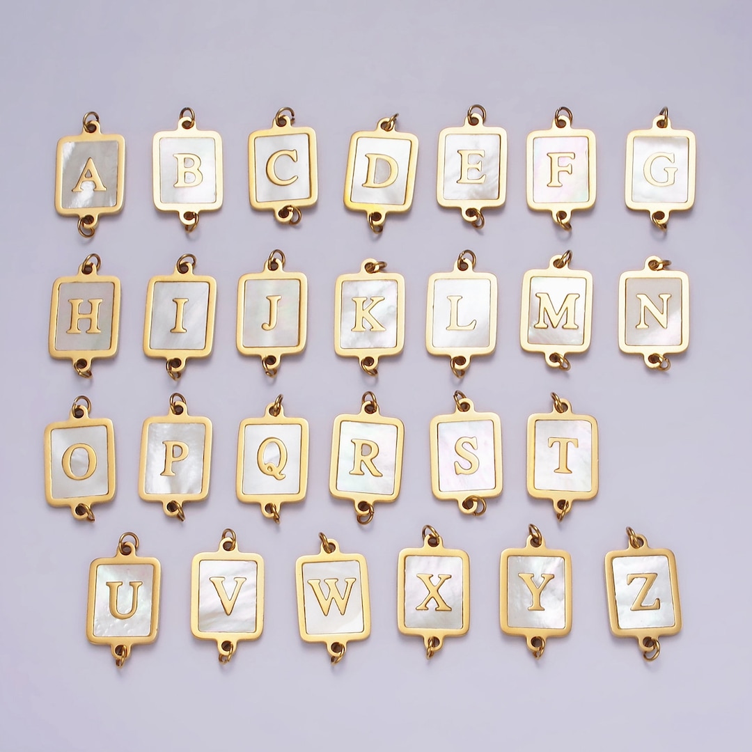 Gold Initial Name Tag Alphabet Charm Connector Shell Pearl Letter ...