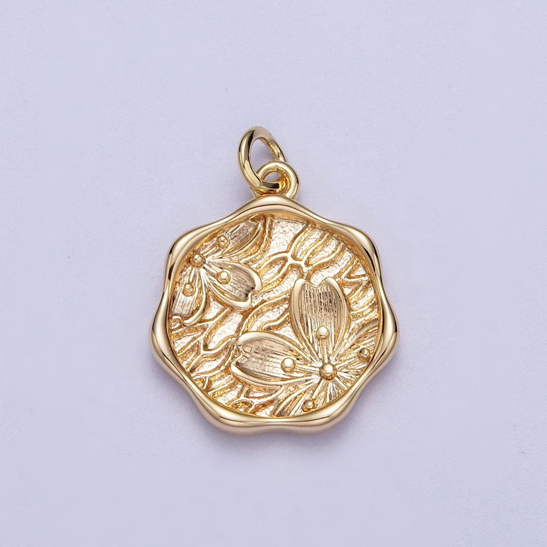 Gold Embossed Cherry Blossom Flowers Medallion Pendant, 16K Gold Filled ...