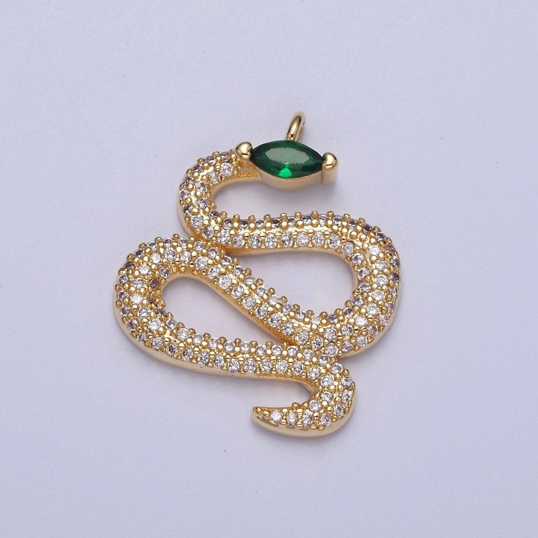 14k Gold Plated Micro Pave Cz Emerald Green Gemstone Eye Snake Pendant ...