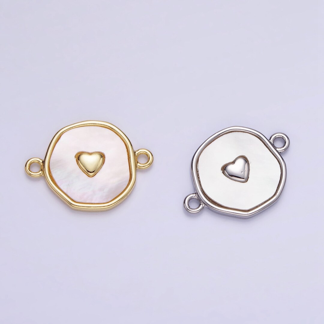 14K Gold Filled Round Coin Heart Charm Connector Shell Pearl Link ...