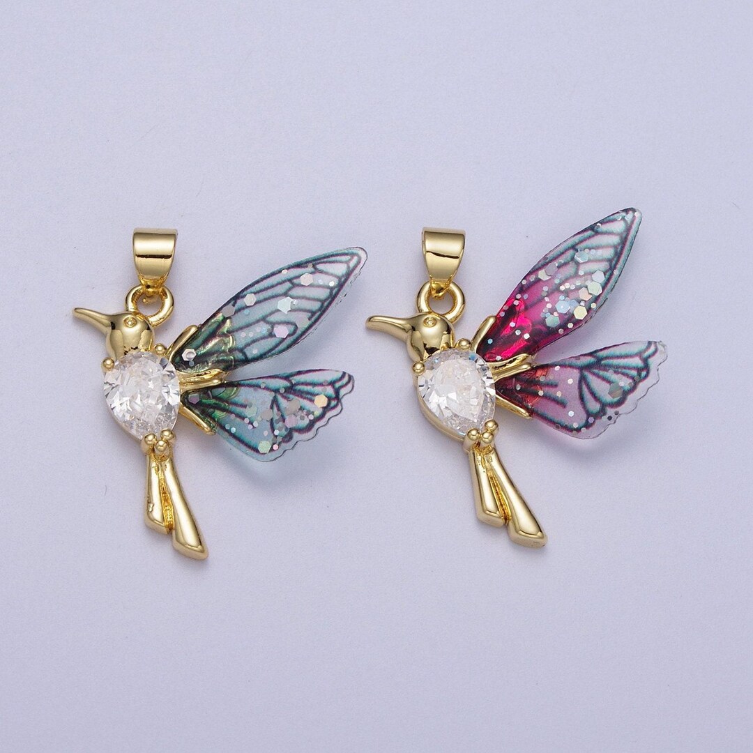Gold Cz Blue & Fuchsia Humming Bird Pendant, 24k Gold Plated Micro ...