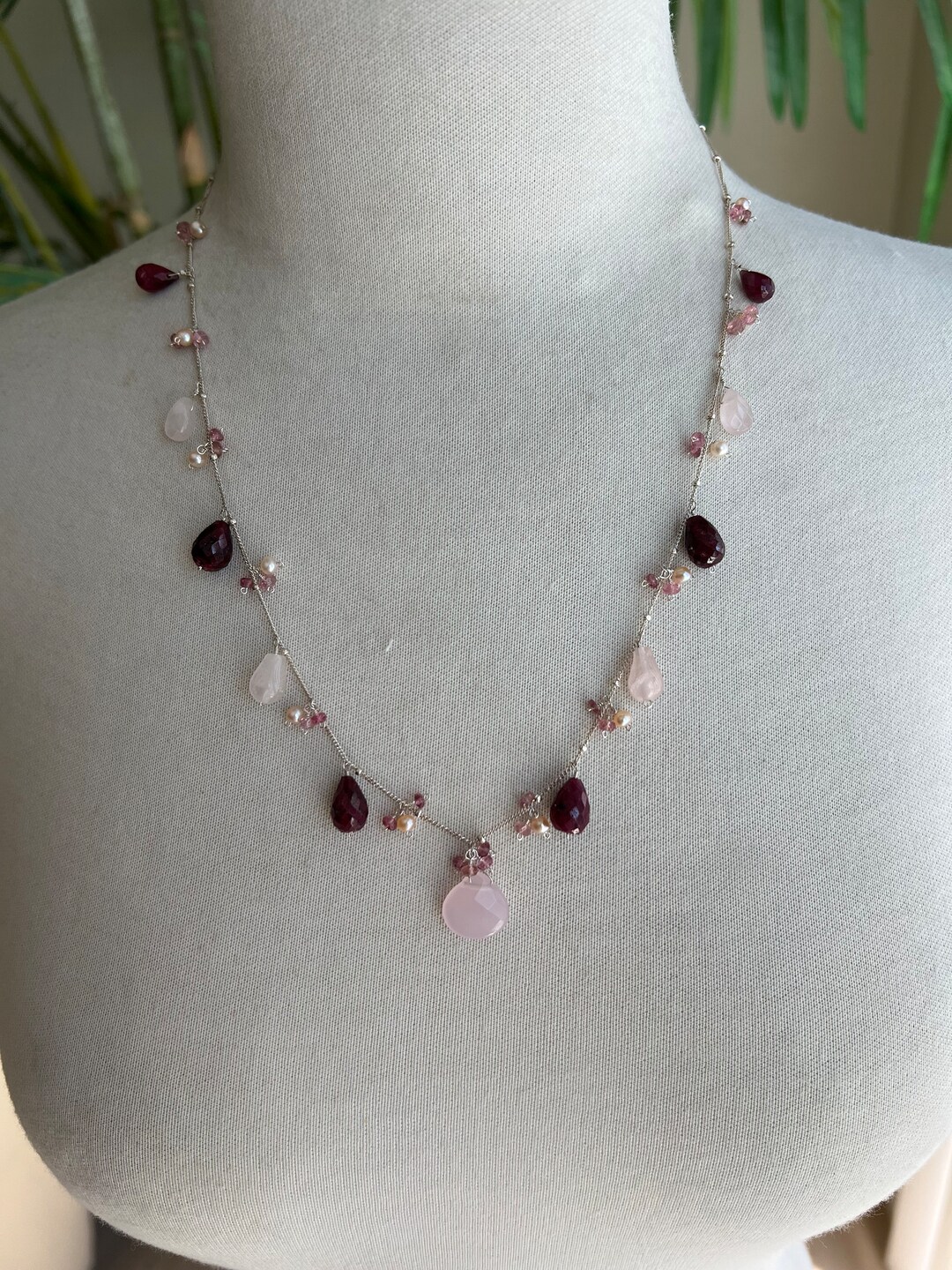 Ruby, Rose Quartz, Pearl & Tourmaline Necklace and Earring Set - Etsy