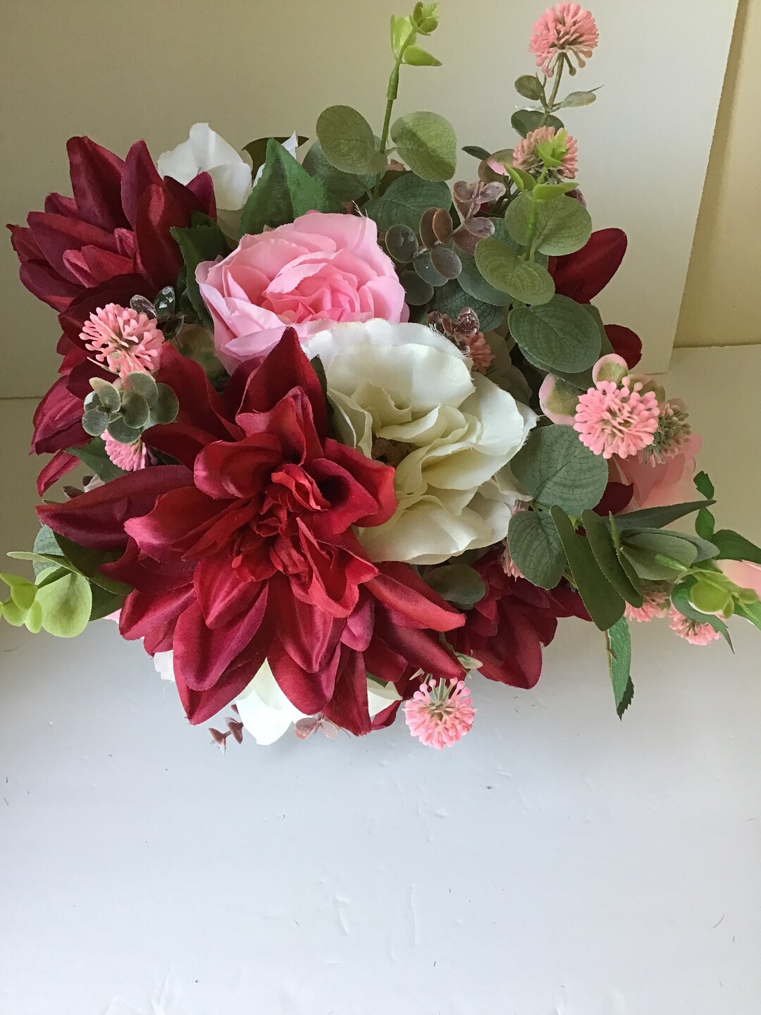 The “martha” Beautiful Cranberry Red Silk Flower Dahlias , Pink Roses ...