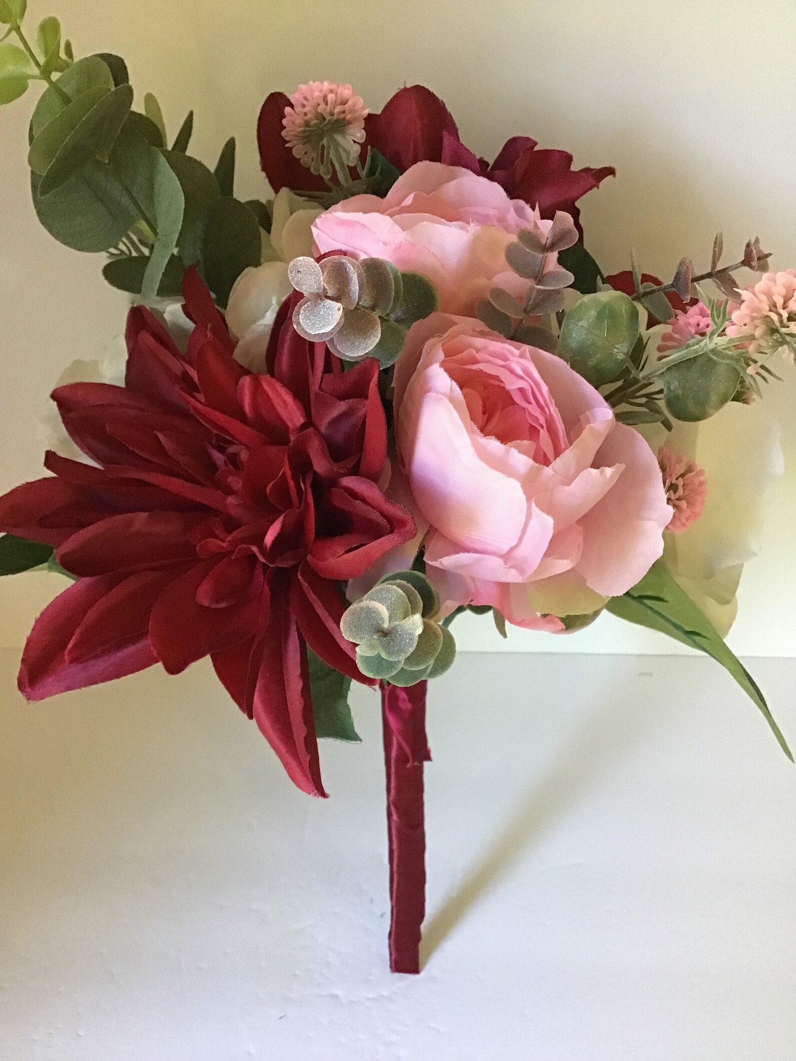 The “martha” Beautiful Cranberry Red Silk Flower Dahlias , Pink Roses ...