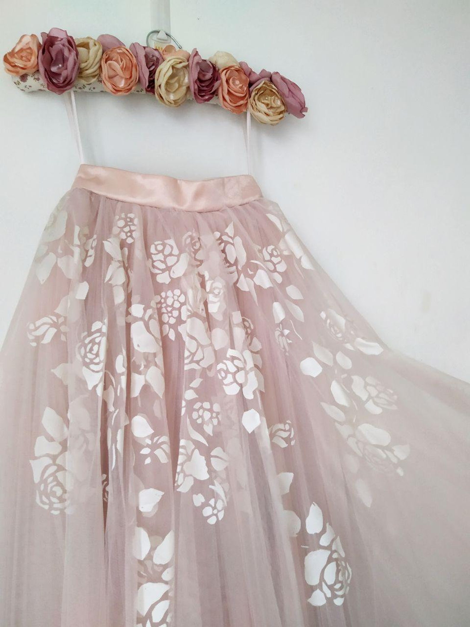 Midi Pink Tulle Skirt Exclusive Hand-painted Flower print | Etsy