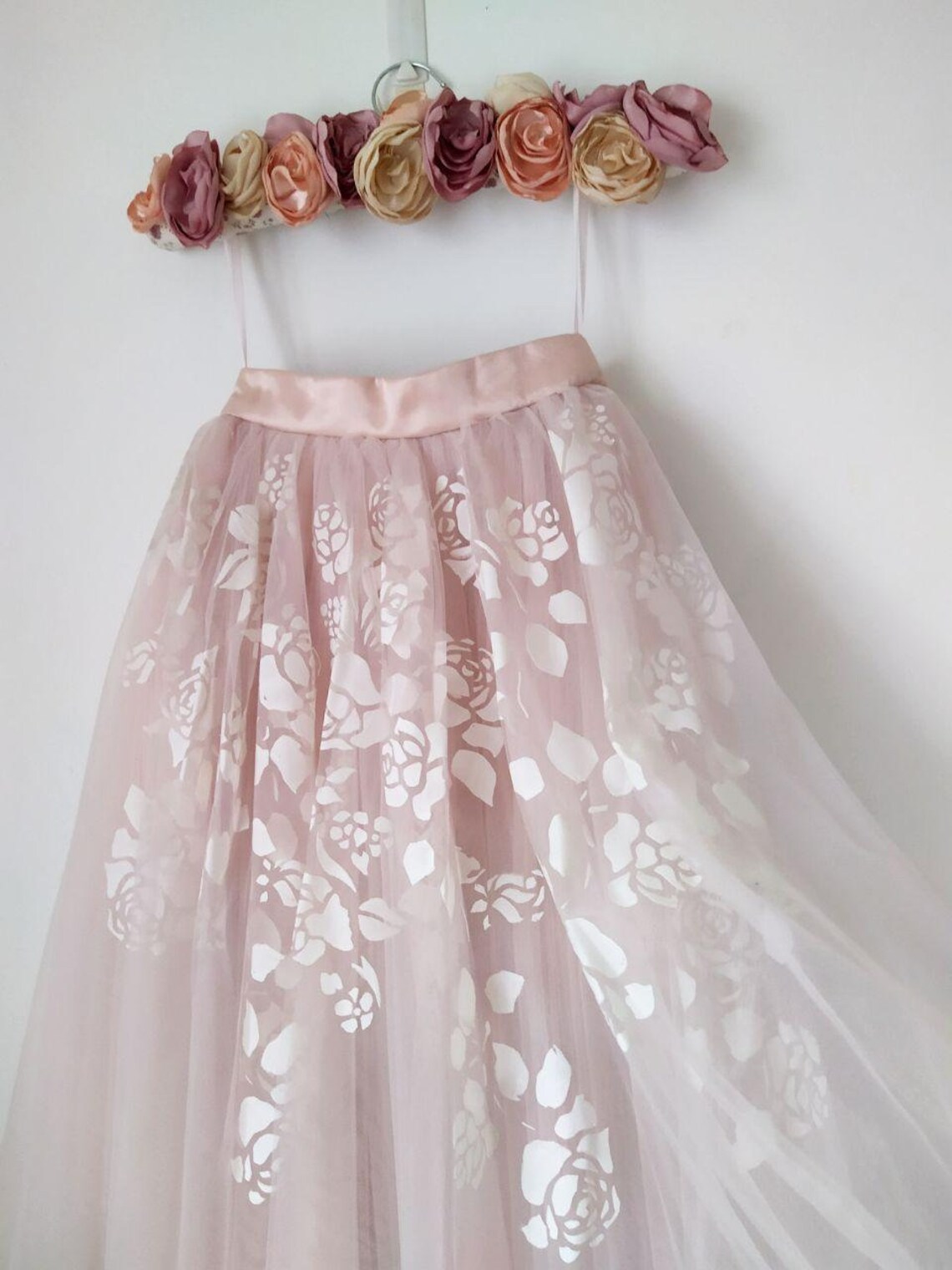 Midi Pink Tulle Skirt Exclusive Hand-painted Flower print | Etsy