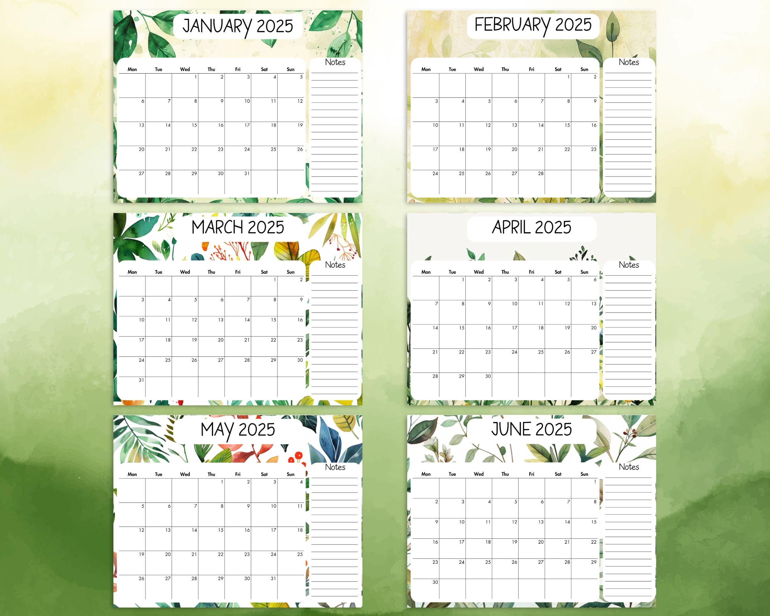 2025 Botanical Calendar Printable; Watercolor Plants Calendar PDF ...