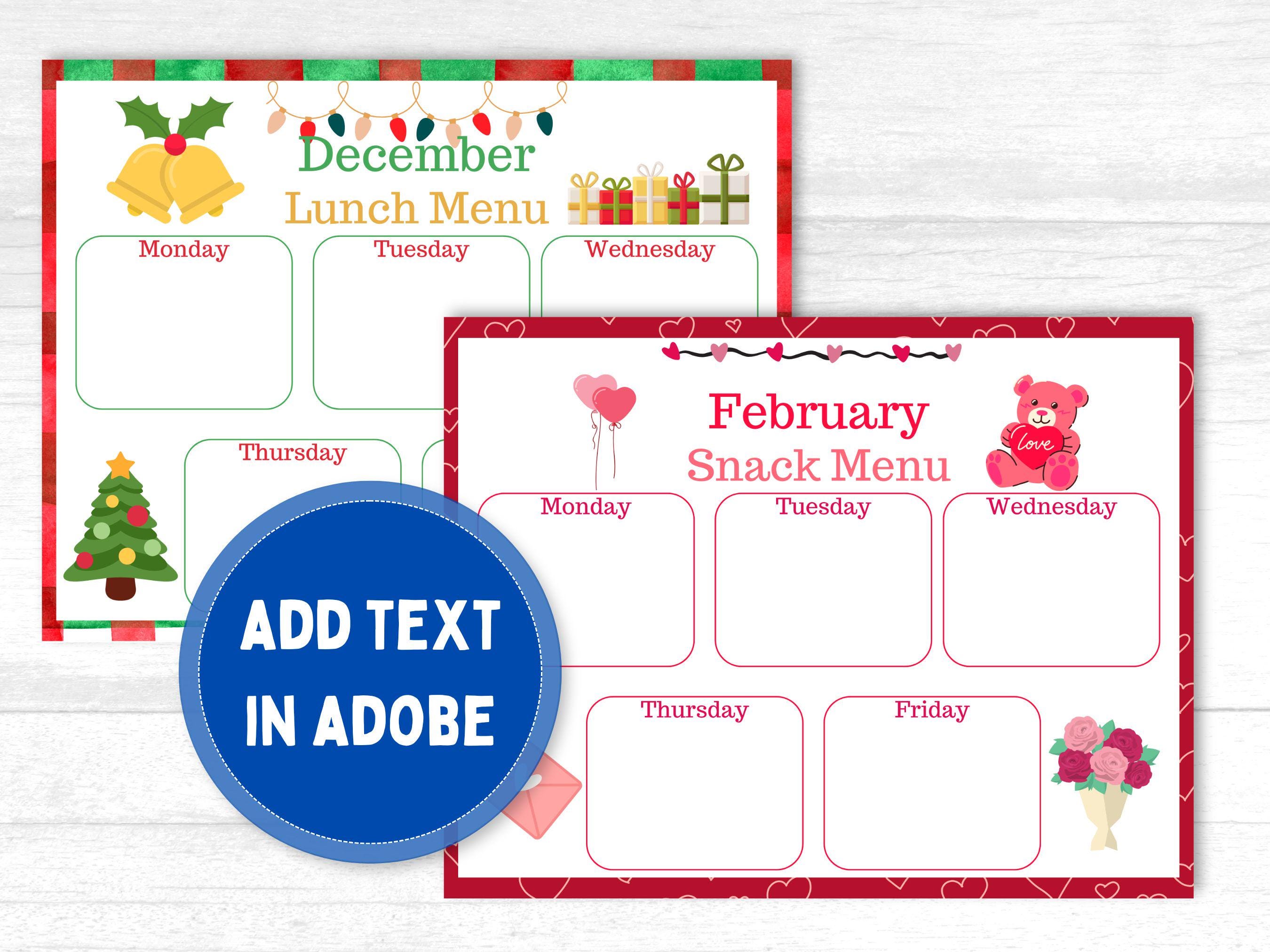 Kids School Lunch Menu; Monthly Lunch & Snack Menu Templates; Fillable ...