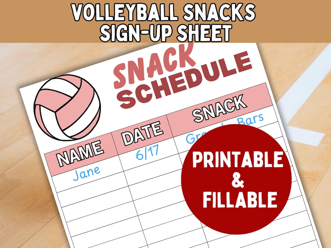 Volleyball Snacks Sign up Sheet PDF; Printable & Fillable Game Day Sign ...
